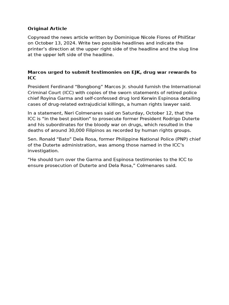 Copyread The News Article Written by Dominique Nicole Flores of PhilStar On October 13 | PDF