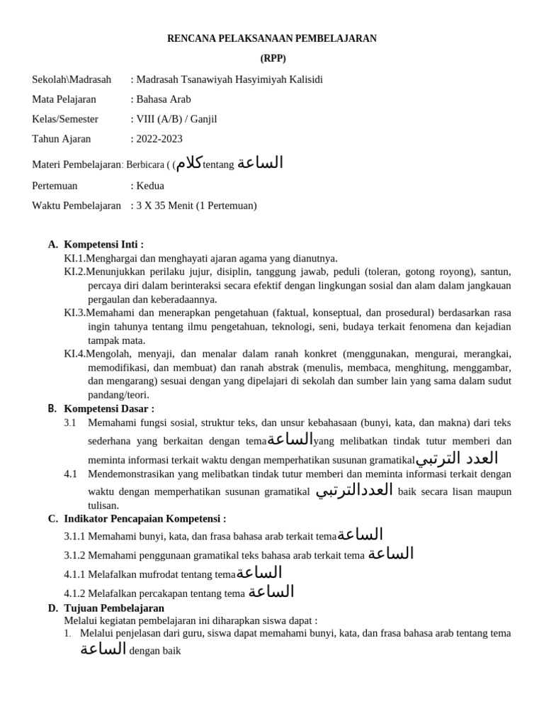 RPP Bahasa Arab Kelas 8 | PDF