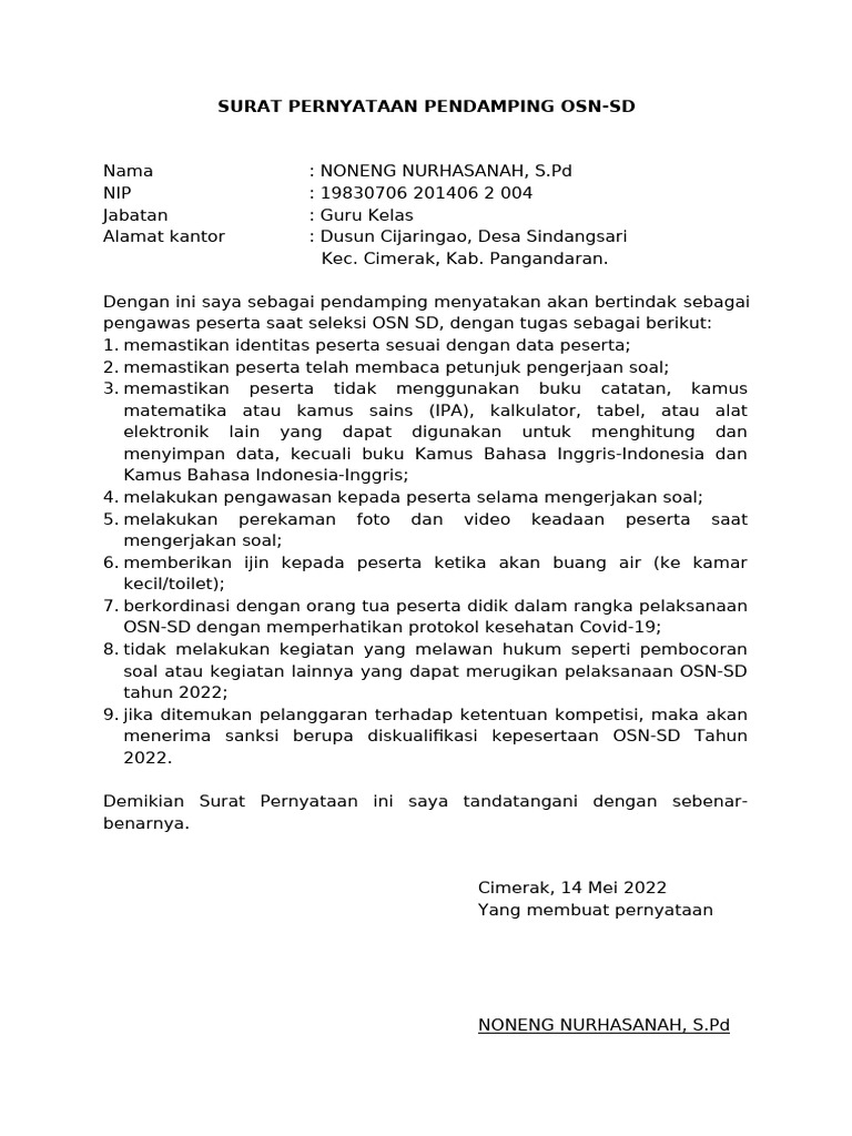 Surat Pernyataan Pendamping Osn SD | PDF
