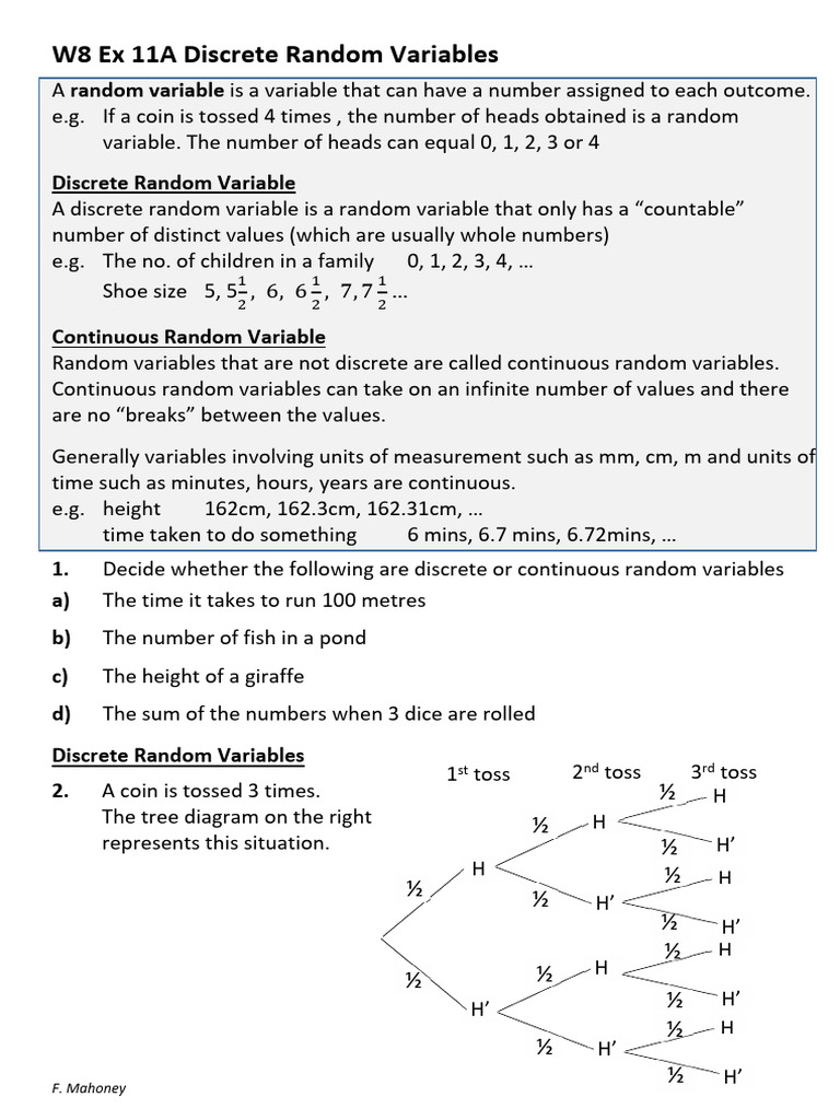 W8 Ex 11A Discrete Random Variables | PDF | Probability Distribution | Random Variable