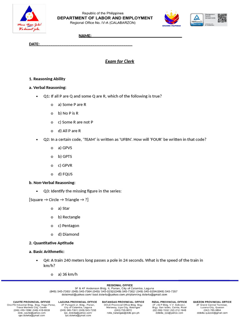 Exam for Clerks | PDF