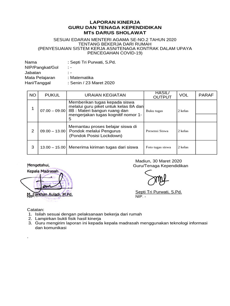 Format Laporan Kinerja Guru Dan Pegawai | PDF