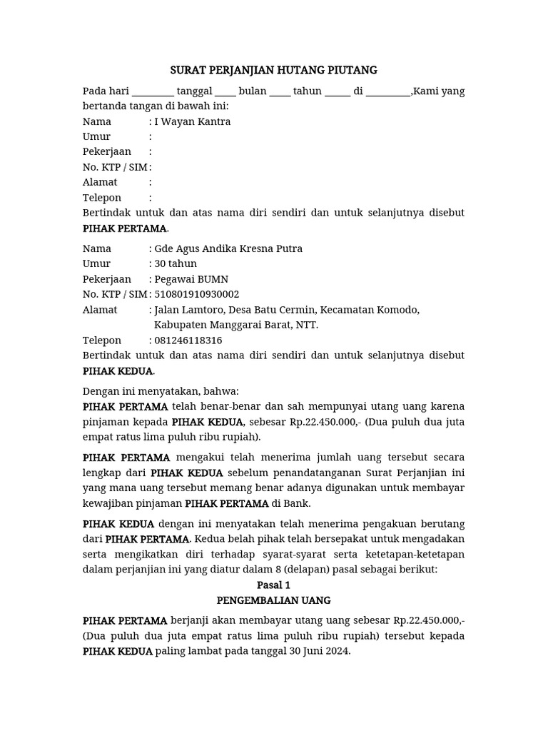 Surat Perjanjian Hutang Piutang Versi 1 | PDF
