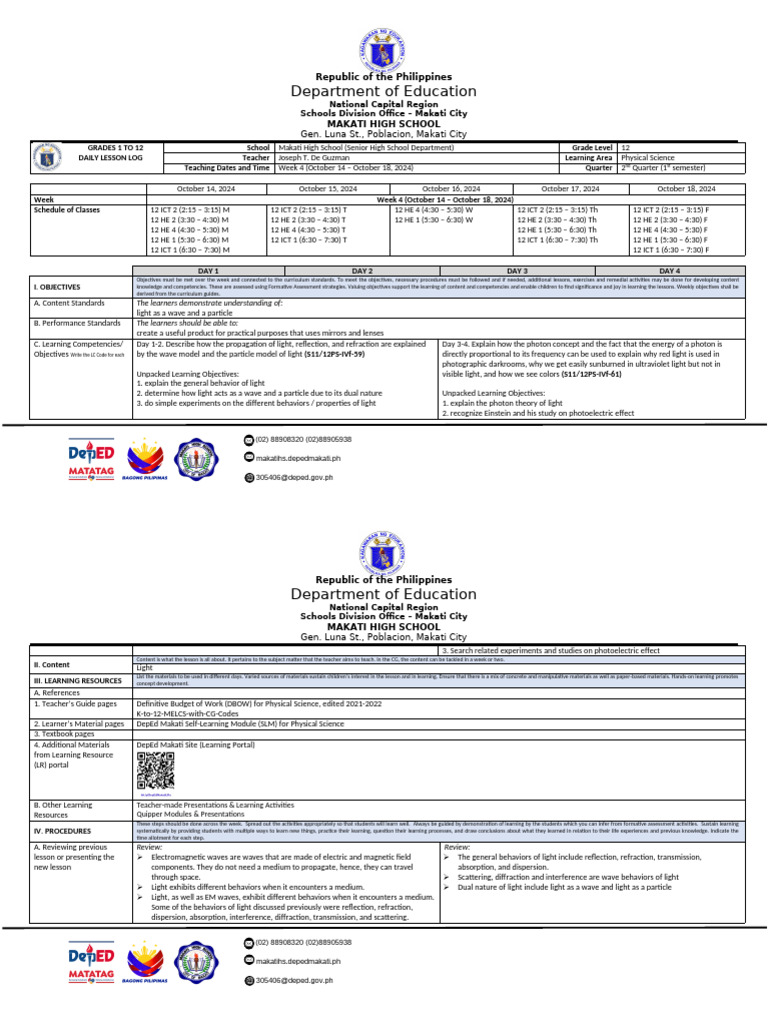 PhySci - 2Q - Week 4 - DLL - SY 24-25 | PDF | Light | Waves
