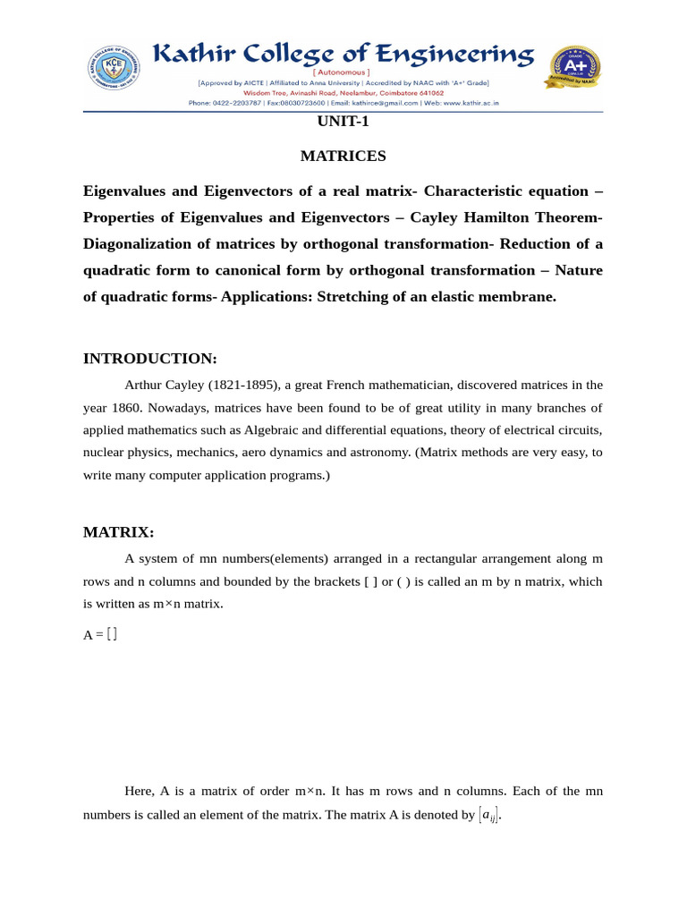 Unit 1 Matrices (1) | PDF | Matrix (Mathematics) | Eigenvalues And Eigenvectors