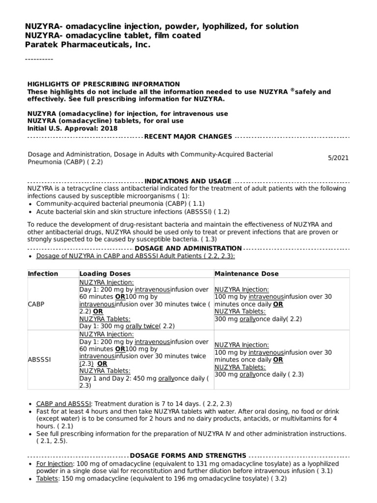 NUZYRA Prescribing Information Summary | PDF | Intravenous Therapy ...