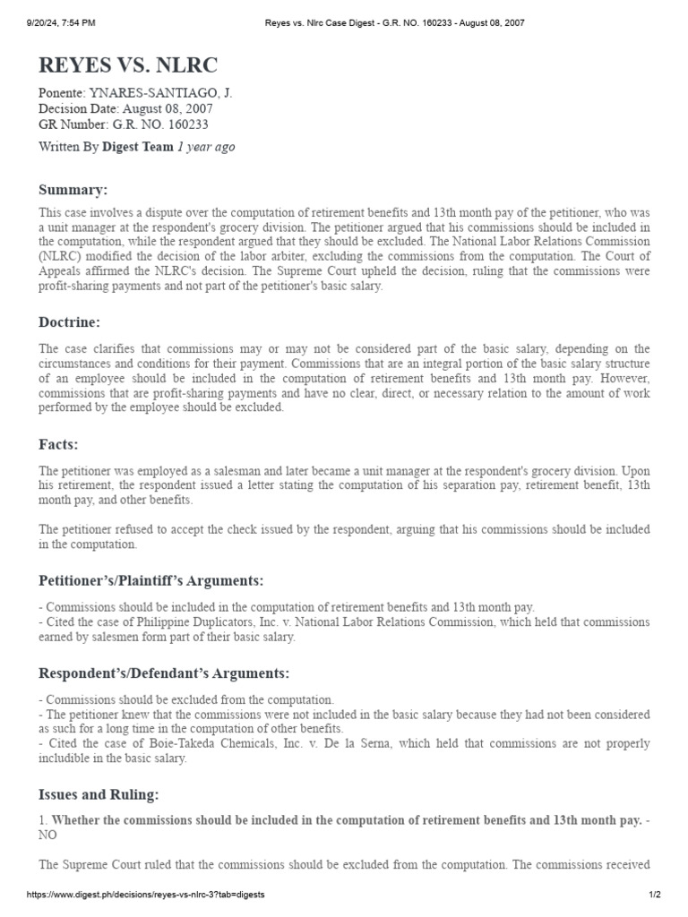 Reyes vs. NLRC Case Digest - G.R. NO. 160233 - August 08, 2007 | PDF ...