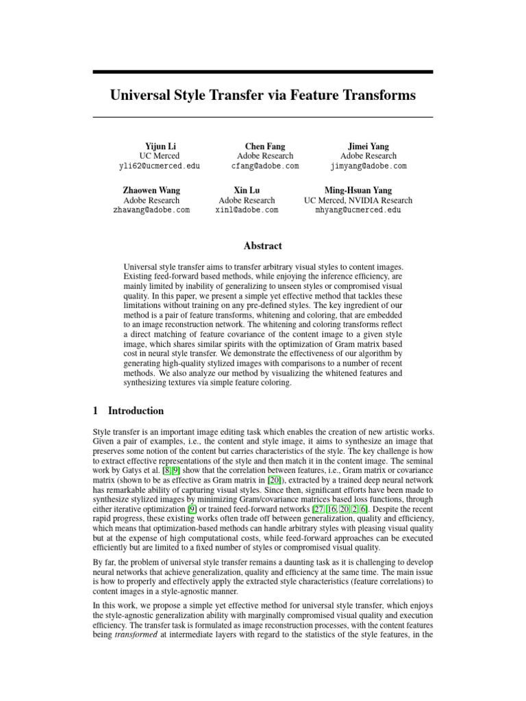Universal Style Transfer Via Feature Transforms | PDF | Eigenvalues And Eigenvectors | Matrix ...