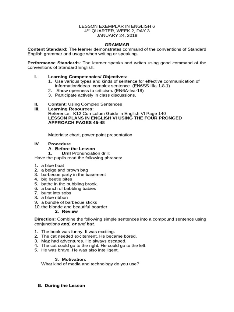 Complex Sentences Lesson Plan for Grade 6 | PDF | Clause | Sentence ...
