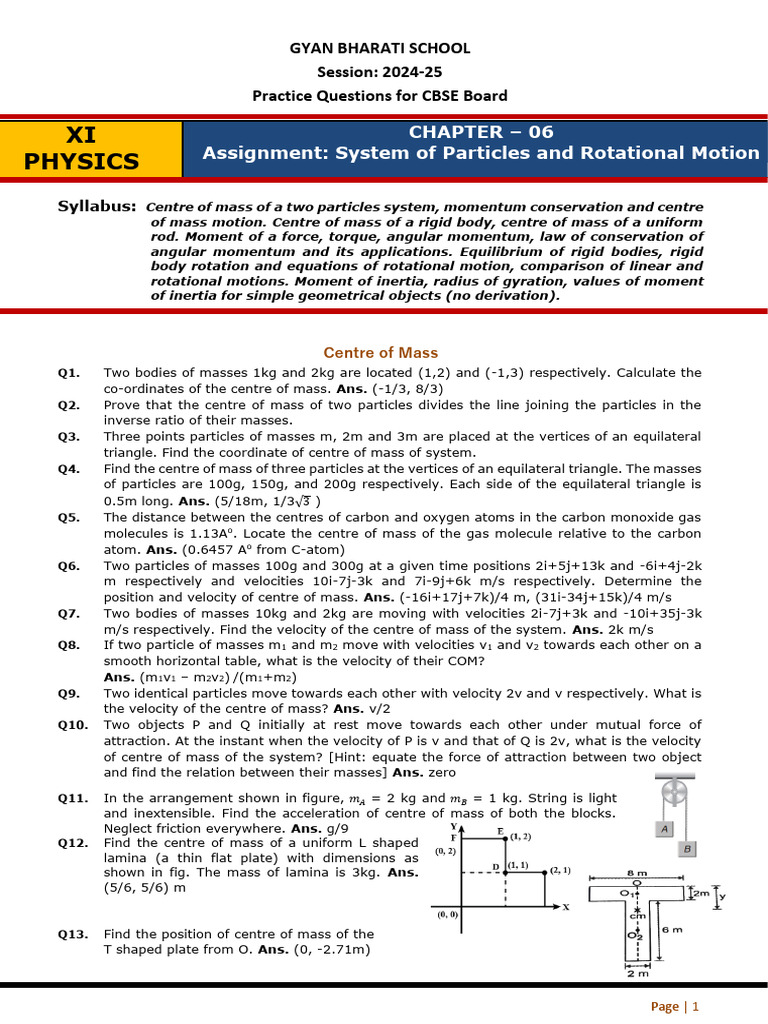 CH-6 - XI PHY - Practice Questions - GBS - 2024-25 | PDF | Torque | Rotation Around A Fixed Axis