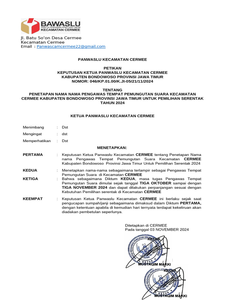 1 Petikan SK PTPS Pilkada 2024 | PDF