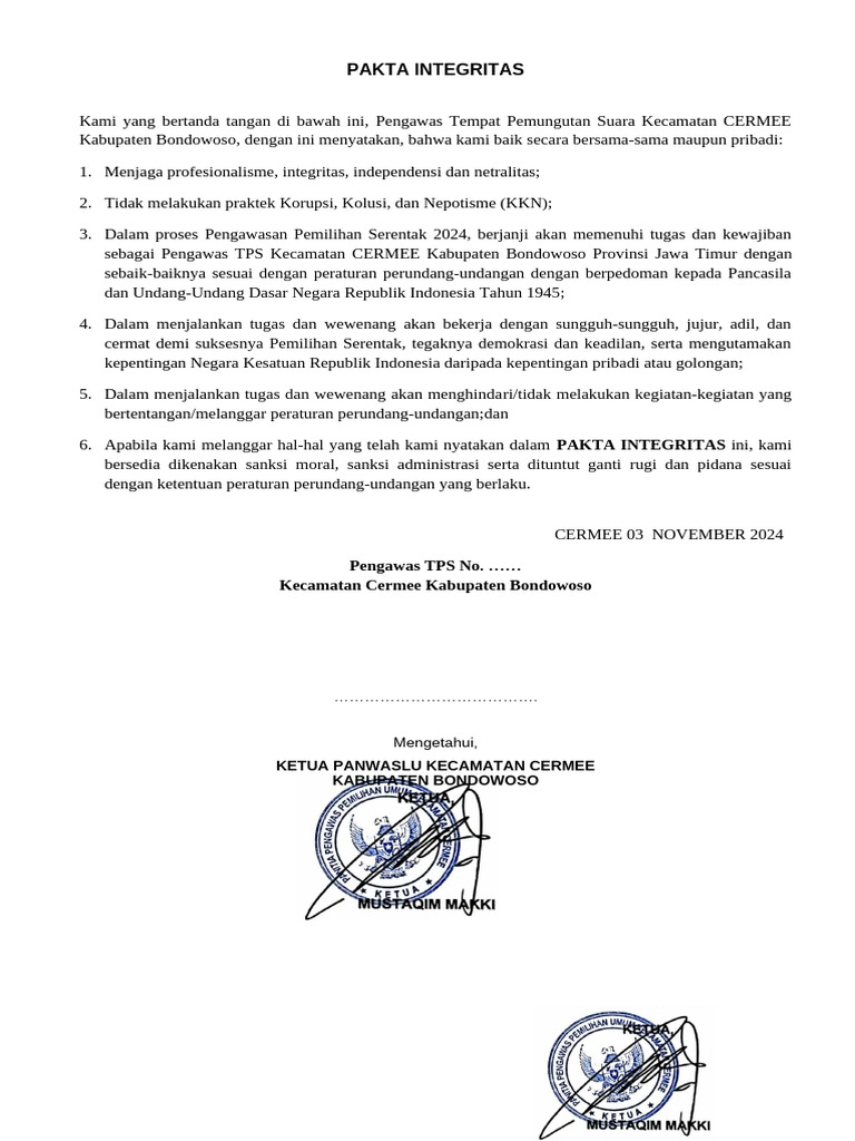 4 Pakta Integritas PTPS Pilkada 2024 | PDF