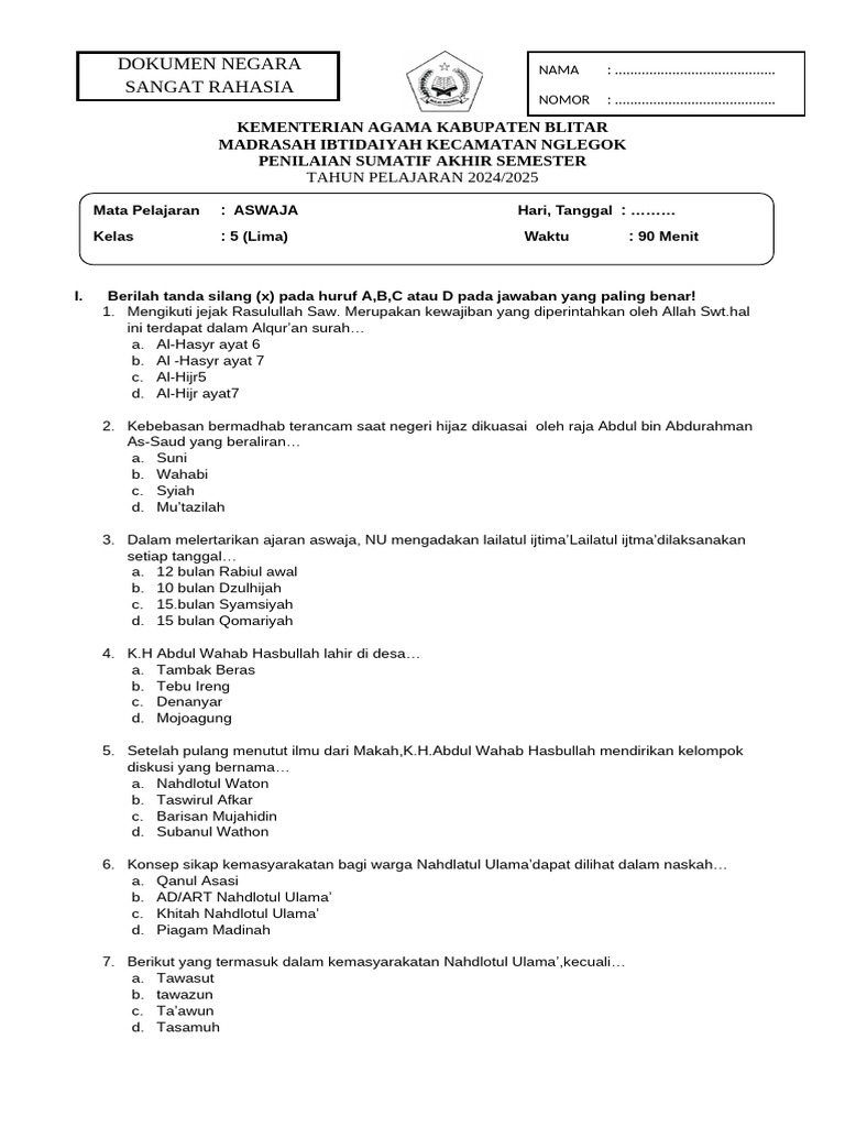 Soal Akhir Semester ASWAJA MI Nglegok | PDF