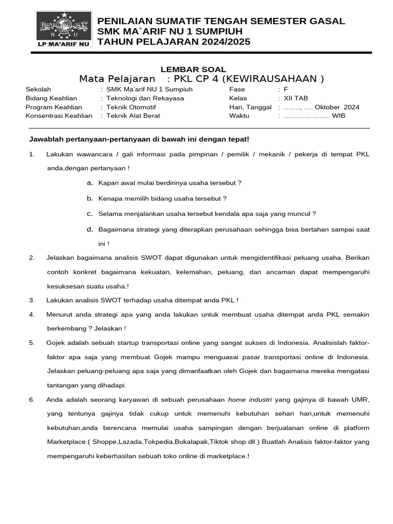 Form Soal Tayang Cp4 PKL Kewirausahaan | PDF | Karier & Perkembangan