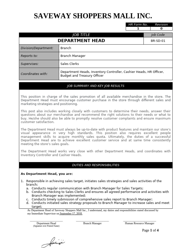Department Head Job Description at Saveway | PDF | Sales | Marketing