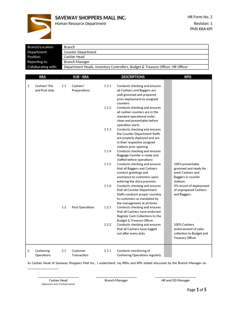 Cashier-Head | PDF | Human Resources | Cashier