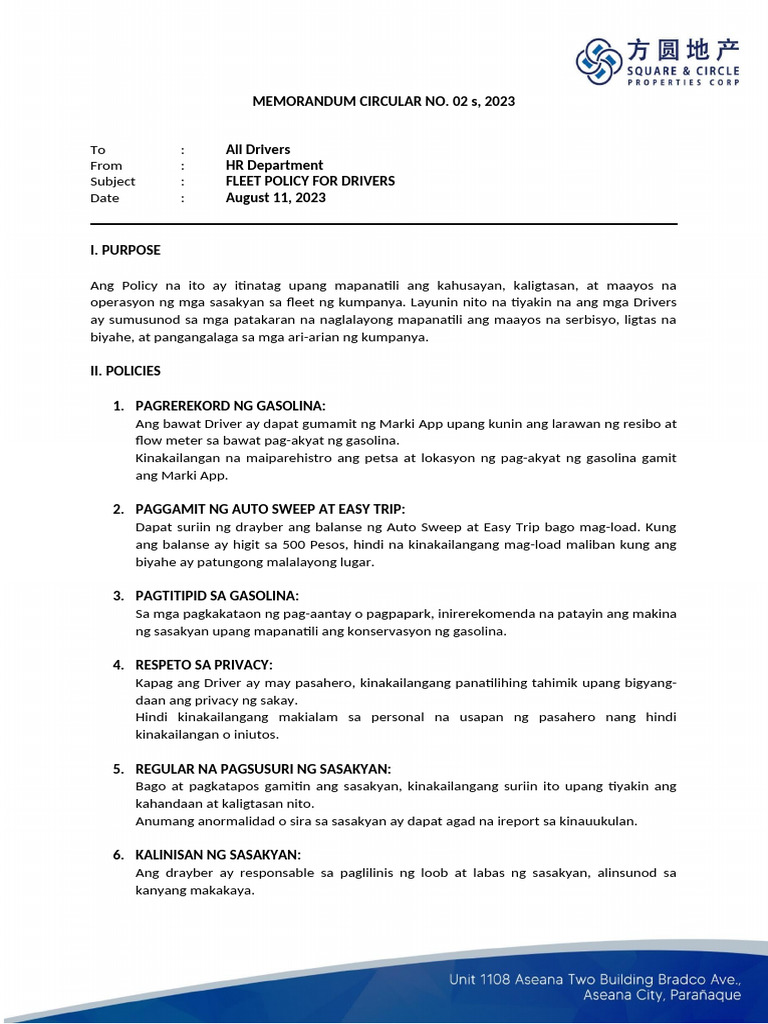 CIR - Memo - 02 S. 2023 - Fleet Policy | PDF