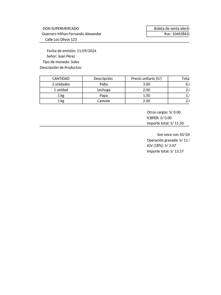 Boleta de Venta Electrónica - Don Supermercado | PDF