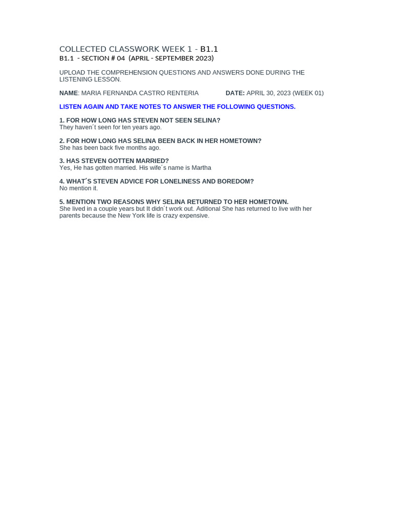 Collected Classwork Week 1 - Listening | PDF