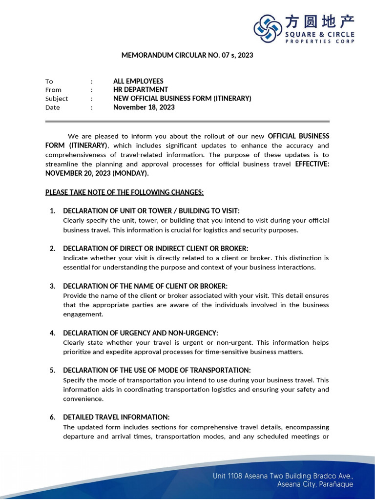 CIR - MEMO - 07 S. 2023 - New Official Business Form | PDF | Business