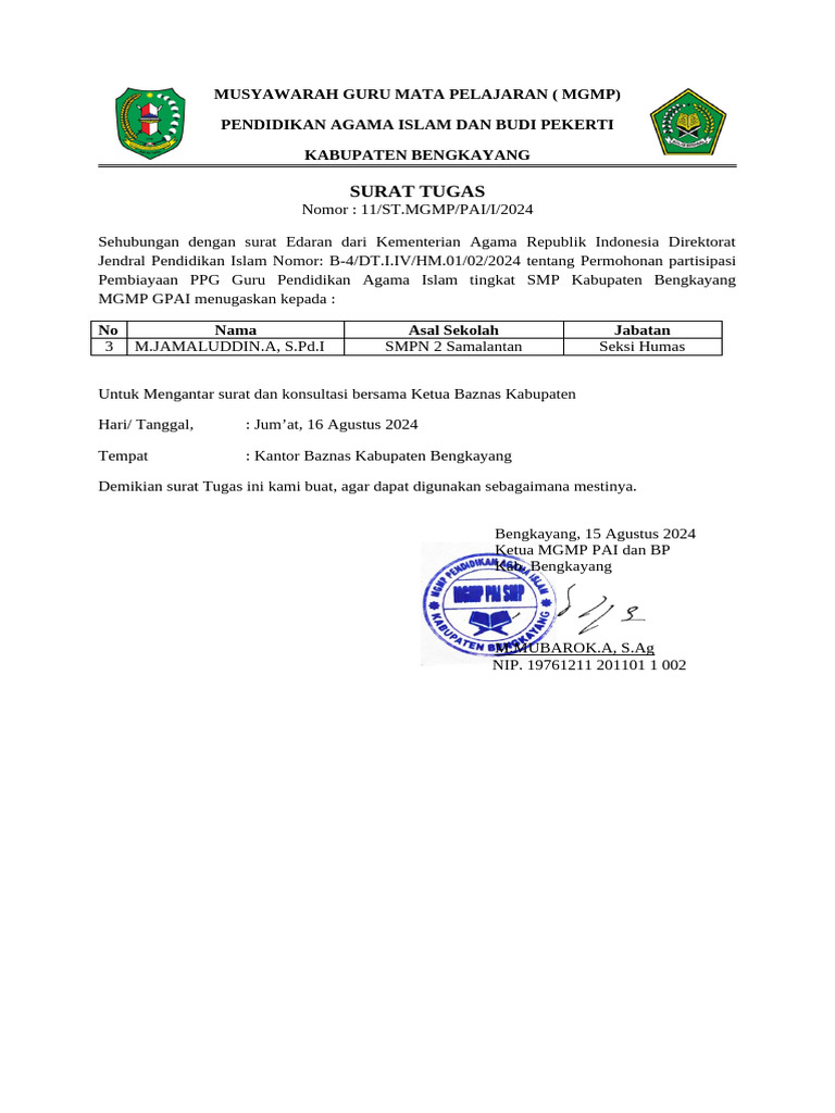 Surat Tugas MGMP PAI Kabupaten Bengkayang | PDF