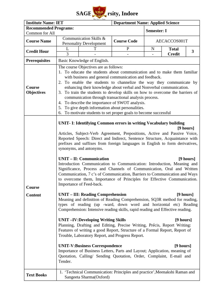 comm Skills syllabus | PDF | Communication | English Language