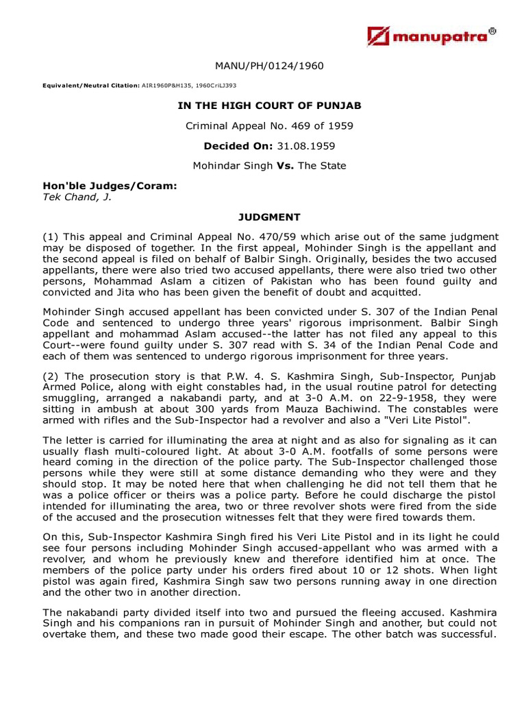 Mohindar Singh Vs State | PDF | Mens Rea | Burden Of Proof (Law)