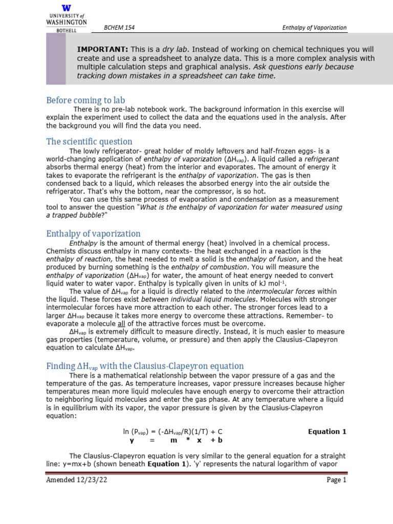 Enthalpy of Vaporization Dry Lab | PDF | Evaporation | Gases