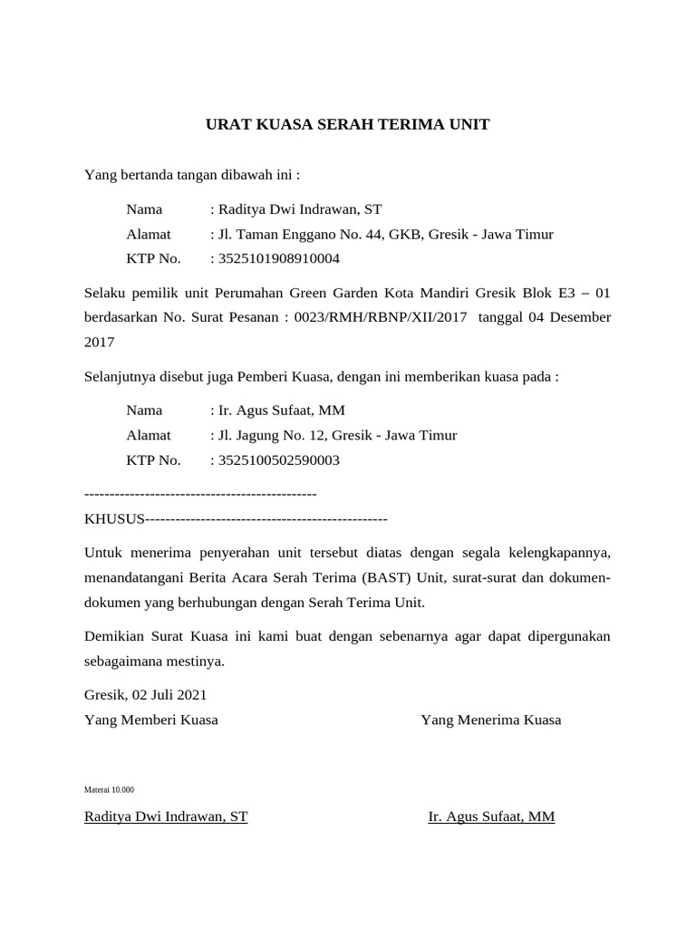 Surat Kuasa Serah Terima Rumah | PDF