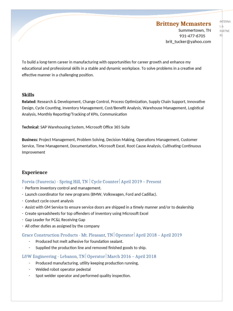 Brittney McMaster Resume | PDF | Business