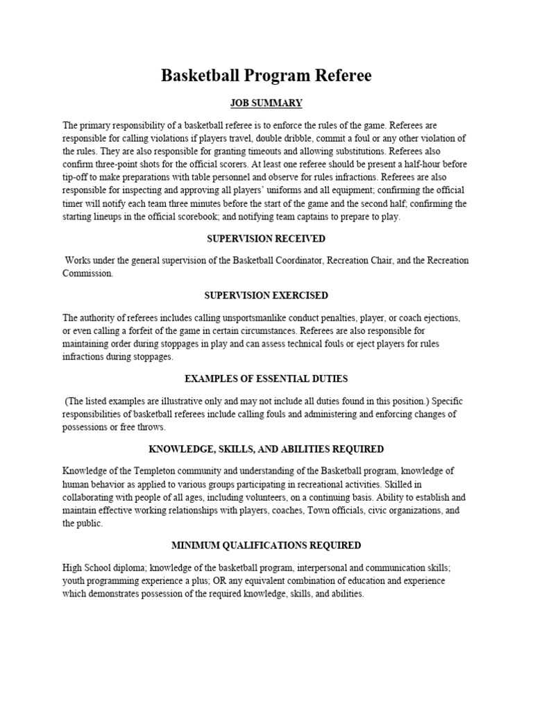 Basketball Program Referee Job Description | PDF | Referee | Sports