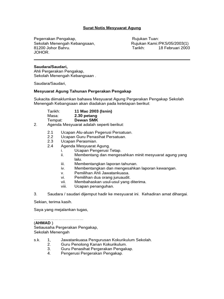 Surat Notis Mesyuarat Agung | PDF