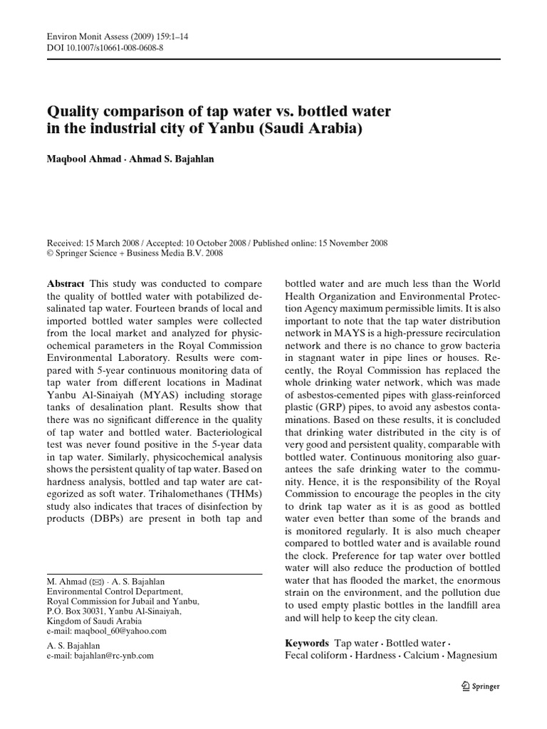 Bottle Vs Tap | PDF | Bottled Water | Water Quality