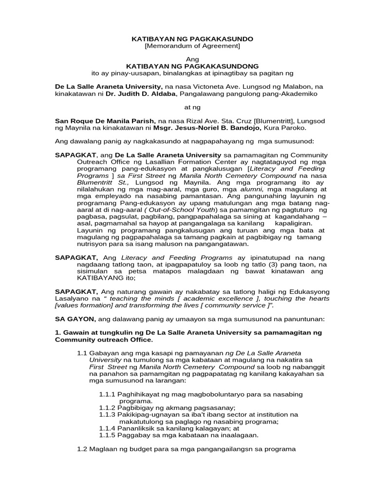 KATIBAYAN NG PAGKAKASUNDO (Memorandum of Agreement) | PDF