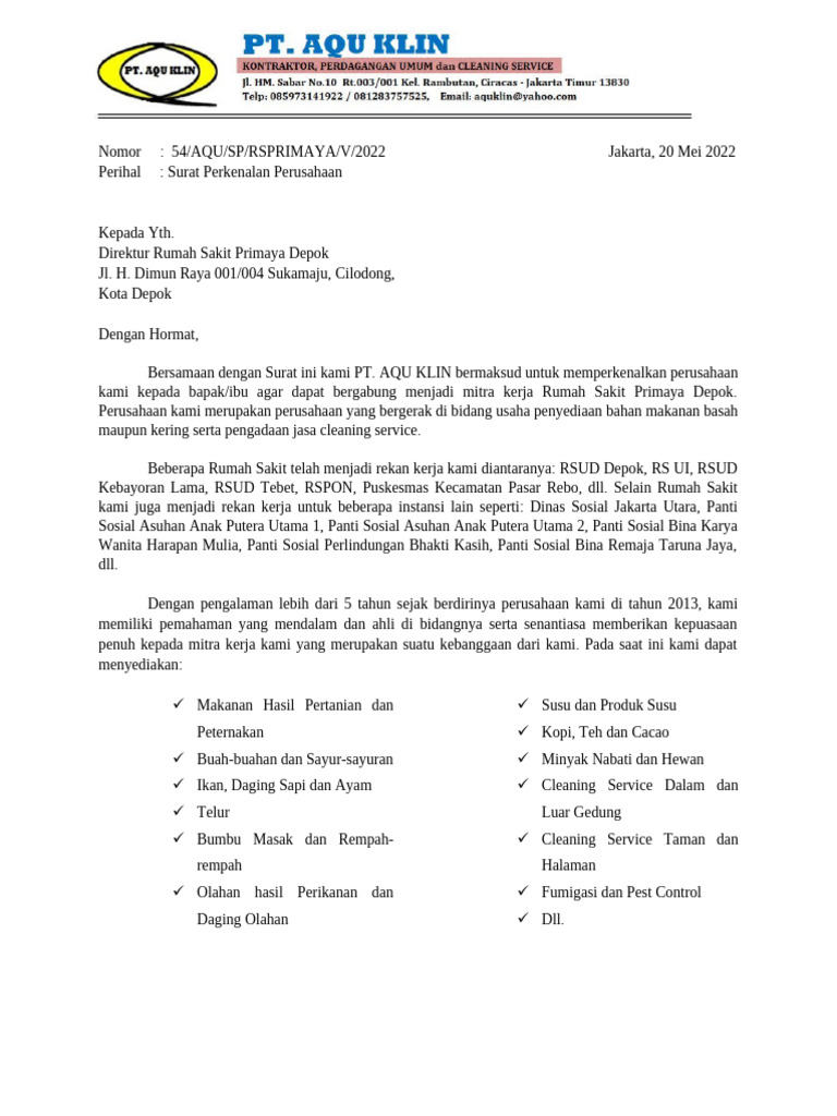 Surat Perkenalan PT. AQU KLIN | PDF