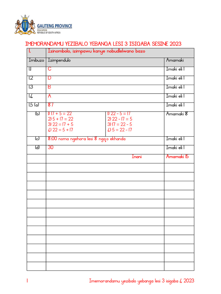 2023 Term 4 IsiZulu Grade 3 Memo | PDF