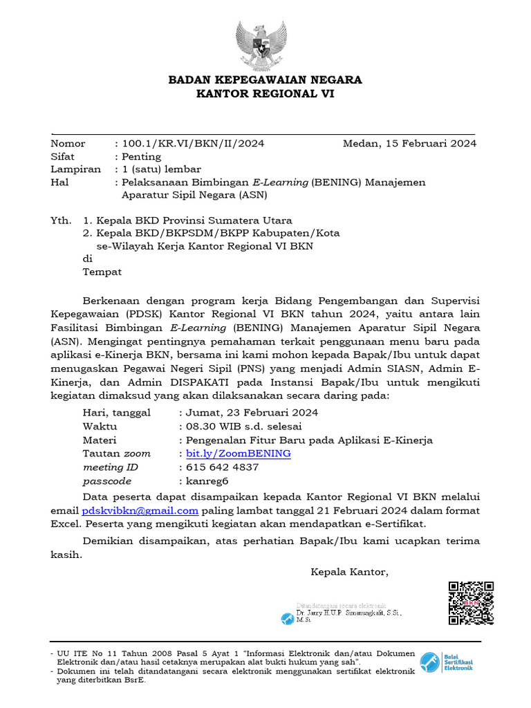 100.1 (DS) Undangan Bimbingan E-Learning (BENING) - Feb 2024 | PDF