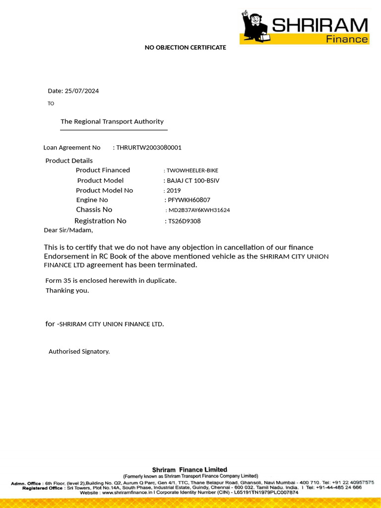 No Objection Certificate for Bike Loan | PDF
