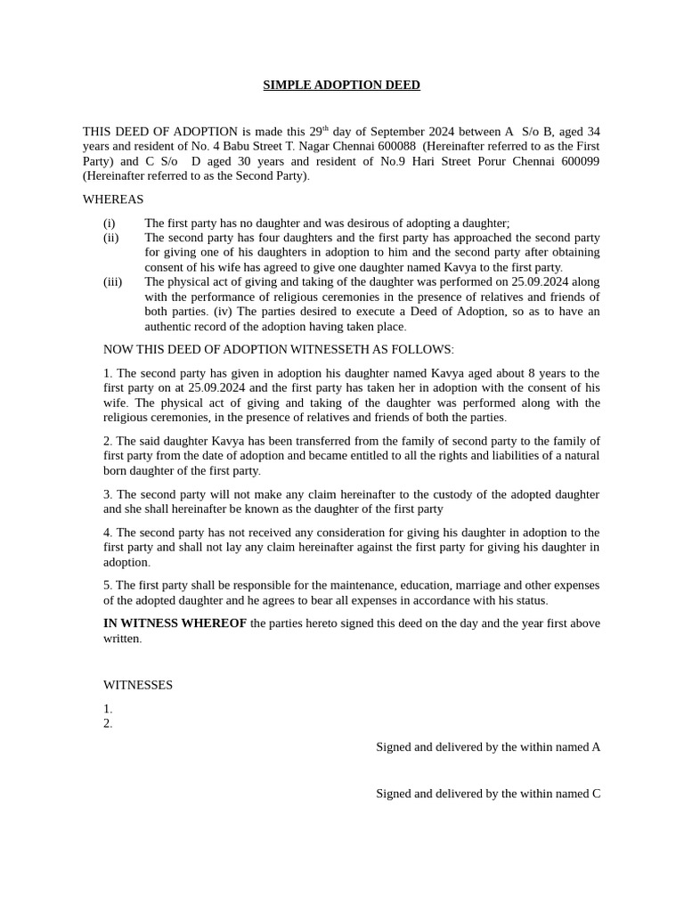 Adoption Deed | PDF | Social Institutions | Legal Documents