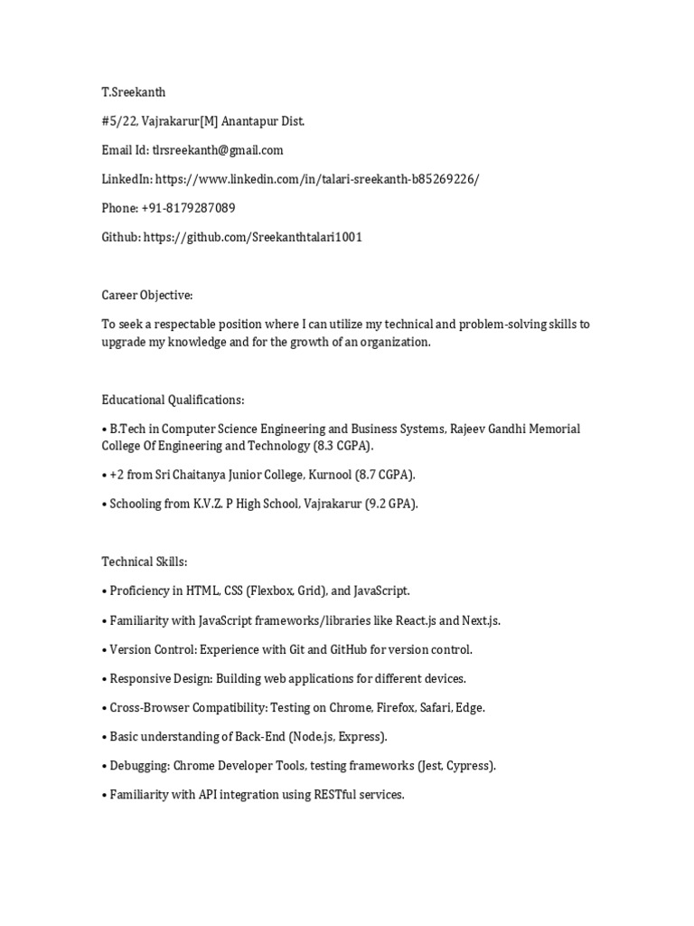 Clean Updated Resume Talari Sreekanth | PDF | Computers