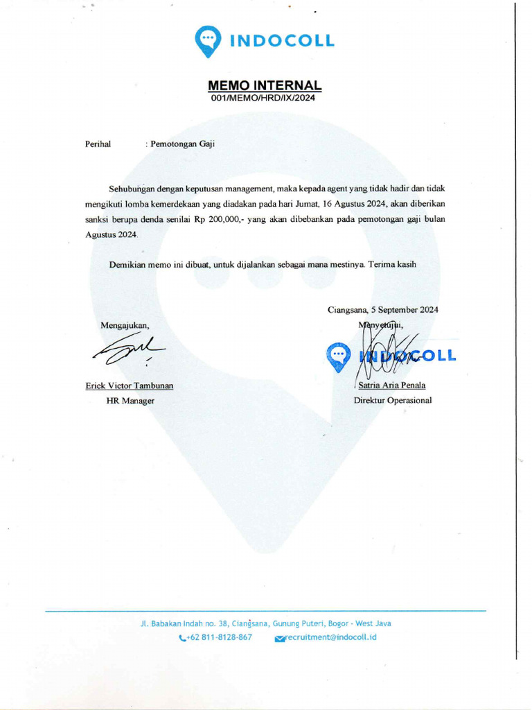 Memo Internal September - 001 | PDF