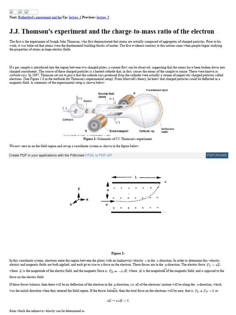J.J. Thomson's Charge-to-Mass Ratio Experiment | PDF | Force | Electron