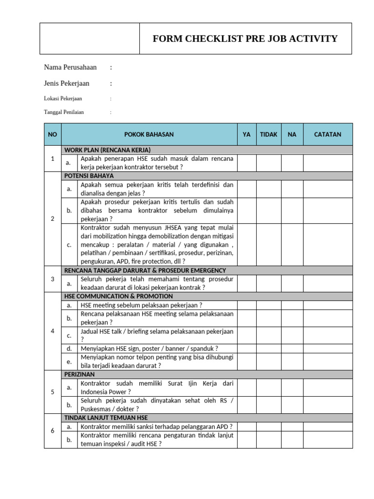 Form Checklist Pre Job Activity | PDF | Teknologi & Rekayasa