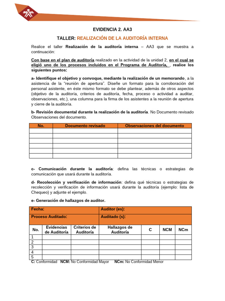 Evidencia AA3. Taller RealizacionAuditoriaInterna AA3 | PDF | Auditoría | Contralor