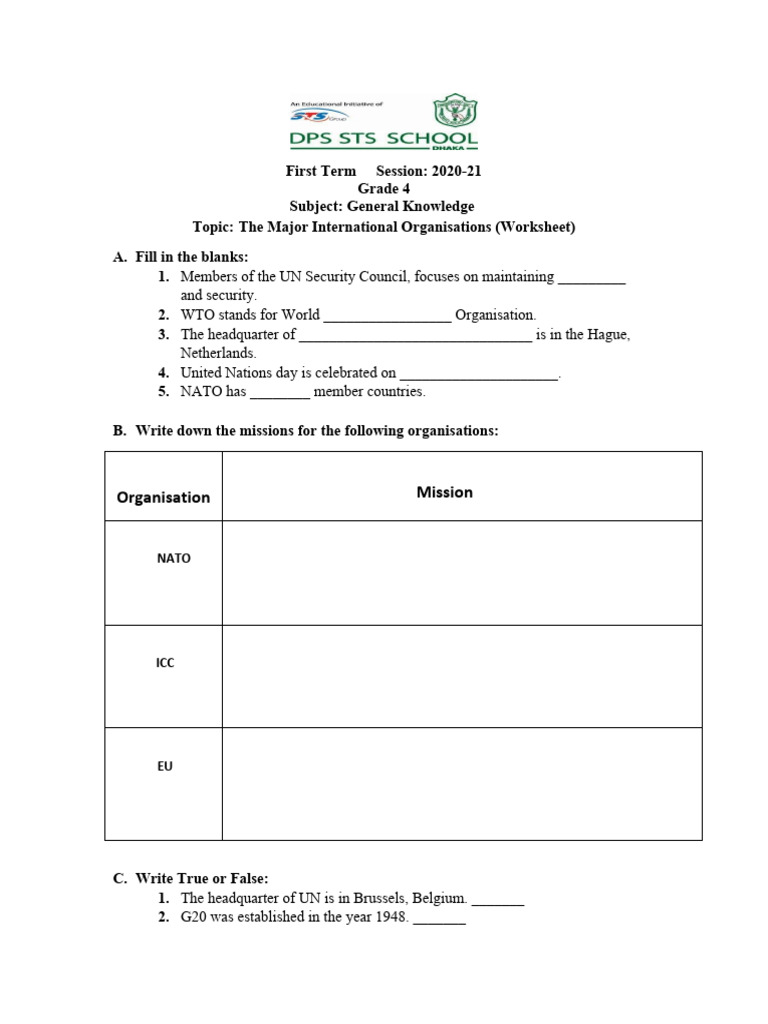 Major International Organizations Worksheet | PDF | Politics