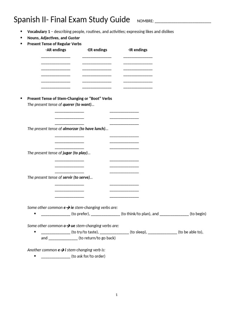 Spanish 2 - Final Exam Study Guide | PDF | Grammatical Gender ...