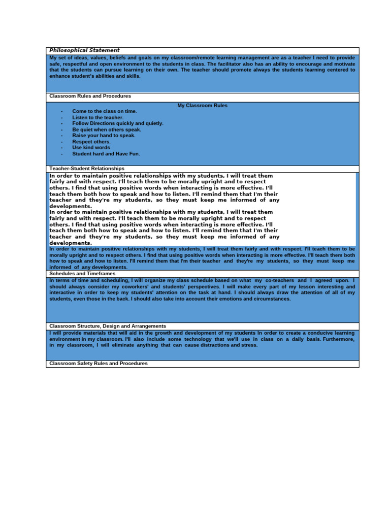 Classroom Management Philosophy Statement | PDF | Teachers | Classroom