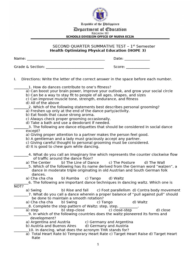 1st Semester - Second-Summative Test - PE 12 | PDF | Dances | Waltzes