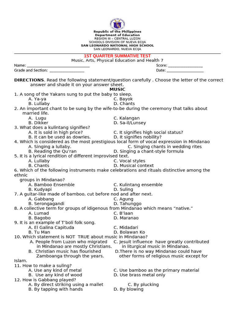 3rd Quarter Summative - Mapeh7 | PDF | Stress (Biology)