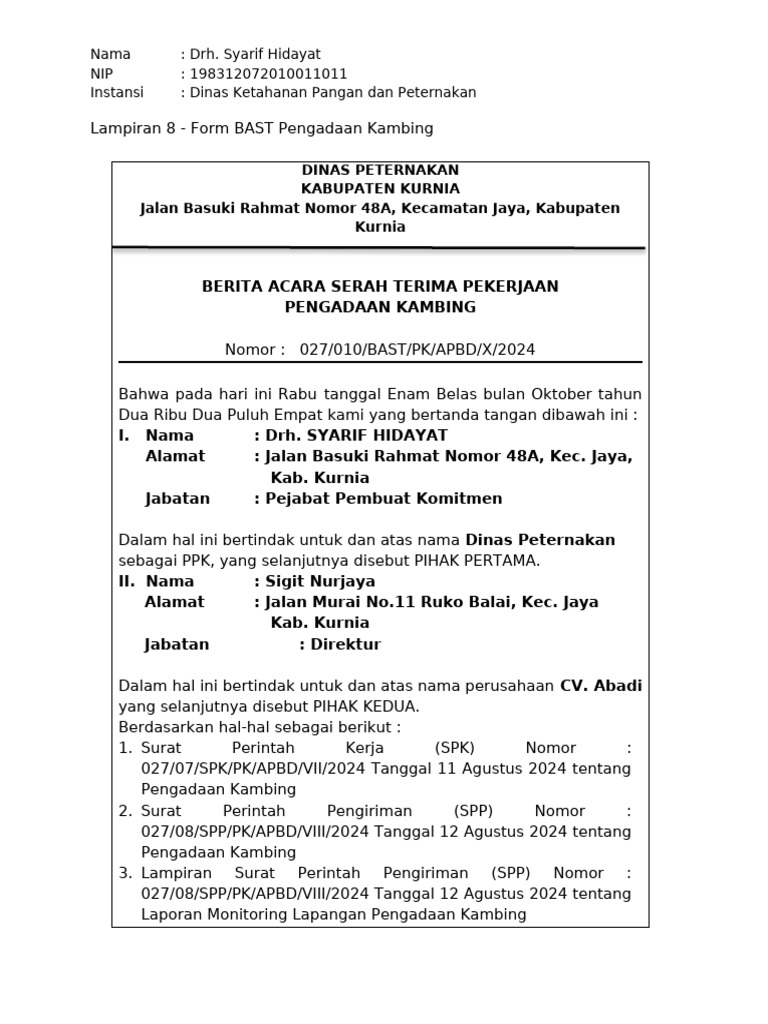 Lampiran 7 - Form BAST Pengadaan Kambing | PDF | Pengelolaan Keuangan ...